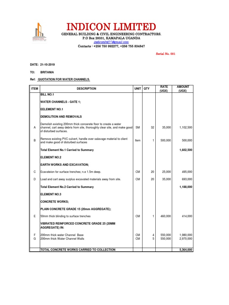 QUOTATION FOR WATER CHANNELS - Separate | PDF | Concrete | Demolition