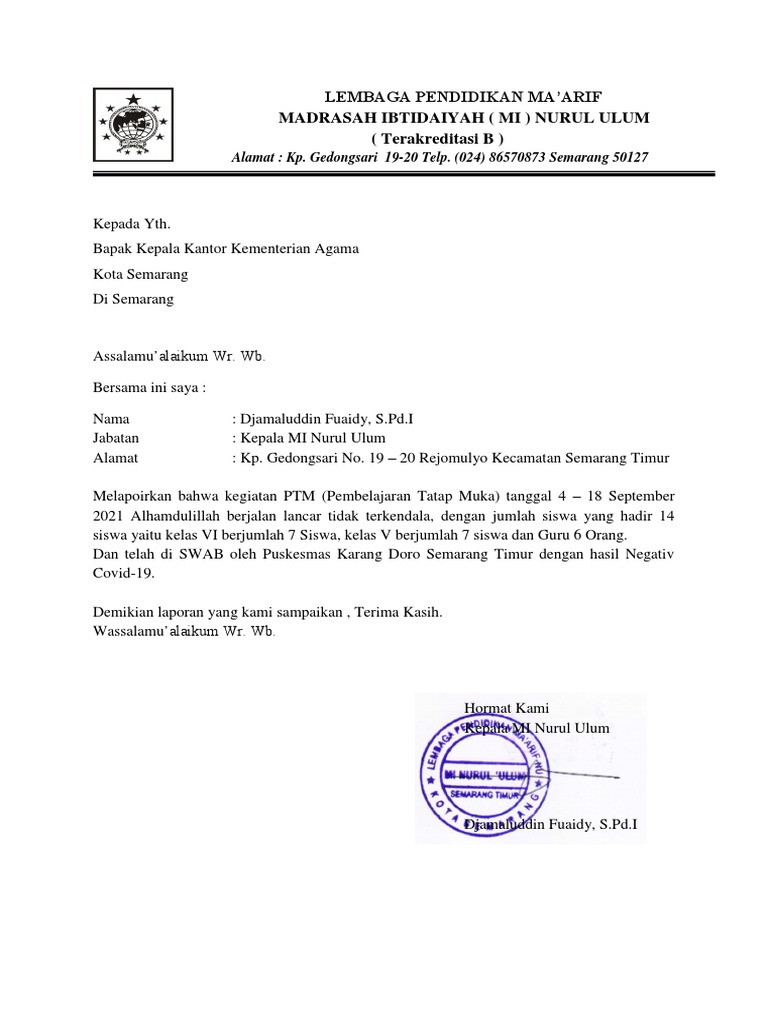 Surat Laporan PTM Ke Kankemenag Kota Semarang | PDF | Kesehatan Holistik Surat Laporan PTM Ke Kankemenag Kota Semarang | PDF | Kesehatan Holistik