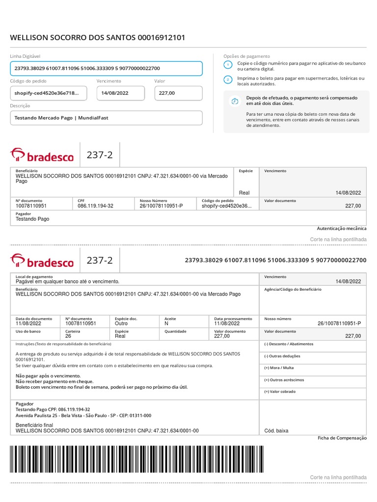 Boleto bancário para pagamento de teste de mercado pago no valor de R ...