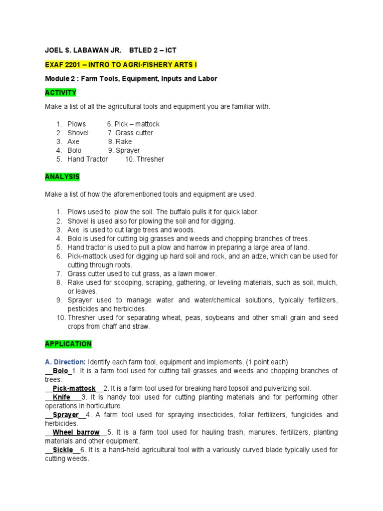 Module 2 Intro To Agri-Fishery Art | PDF | Agricultural Machinery | Plough