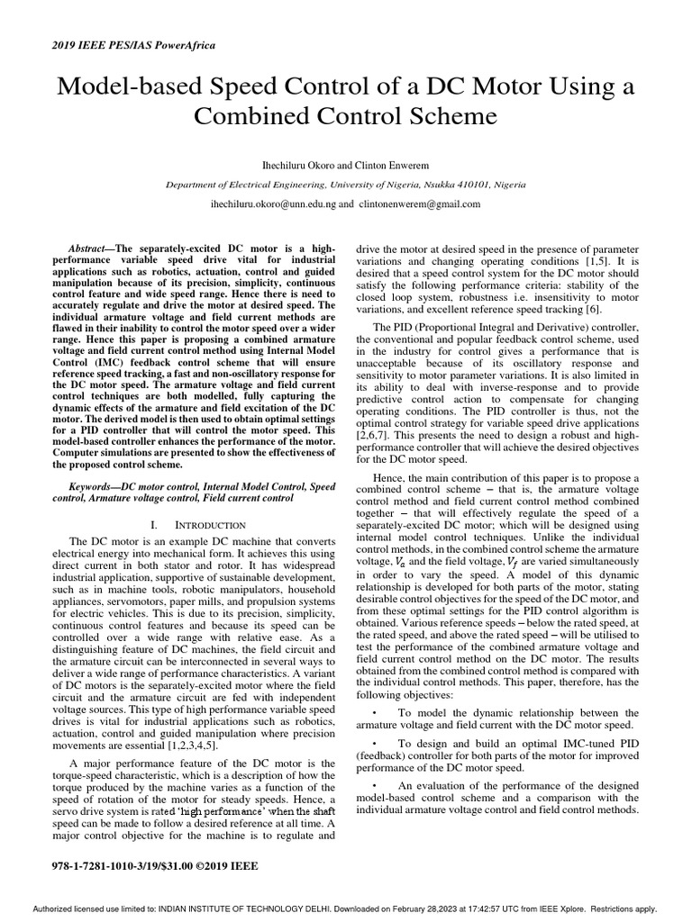 Model Based Speed Control Of A Dc Motor Using A Combined Control Scheme Pdf Control Theory