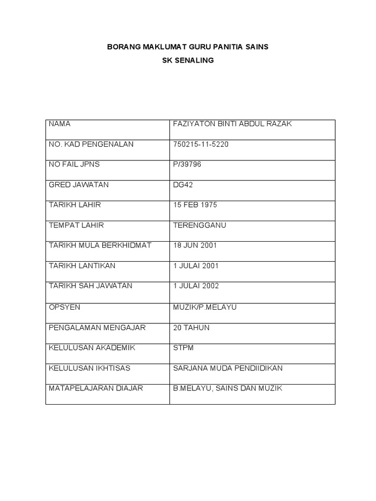 Borang Maklumat Guru Panitia Sains | PDF