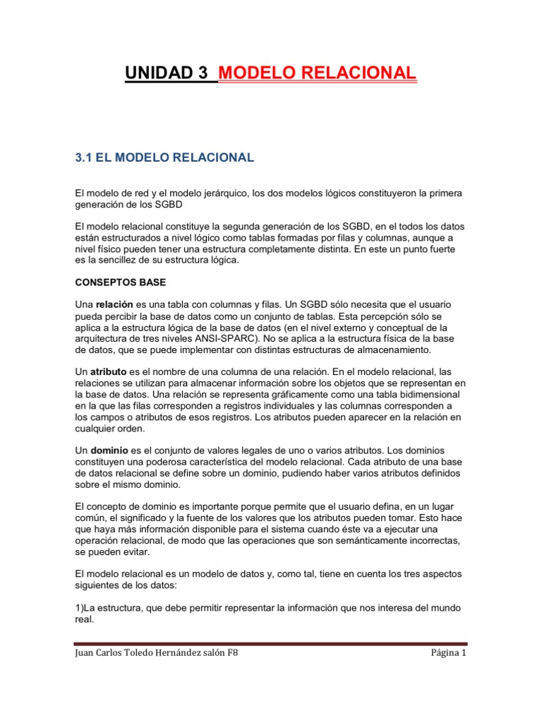 Unidad 3 Modelo Relacional | PDF | Base de datos relacional | Bases de ...