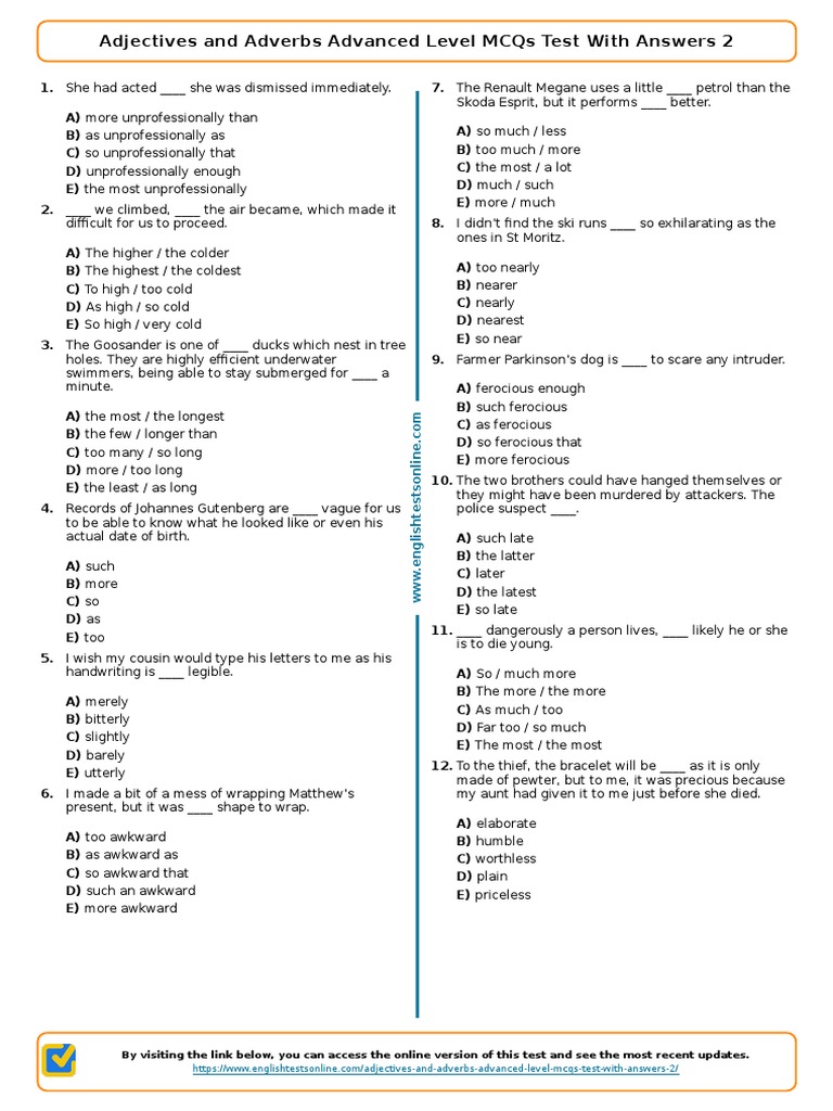 Advanced Adjectives & Adverbs Quiz | PDF