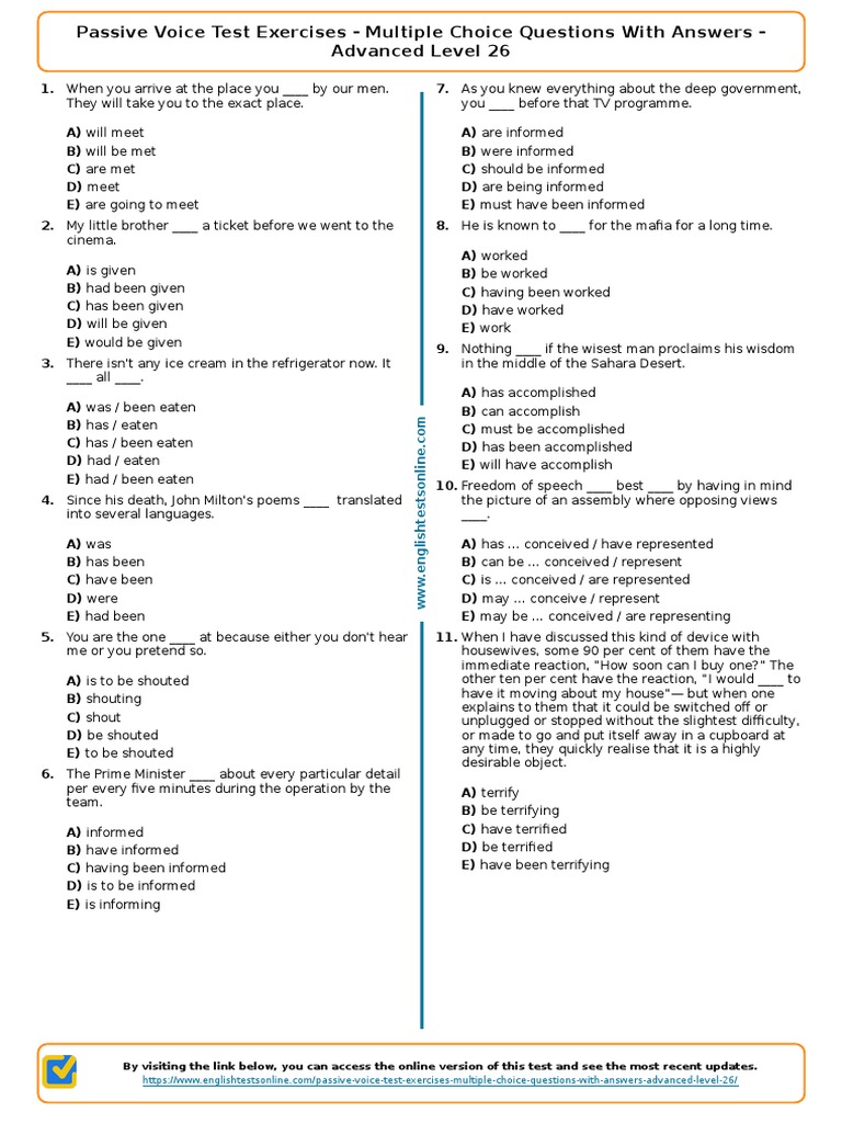 525 - Passive Voice Test Exercises Multiple Choice Questions With ...