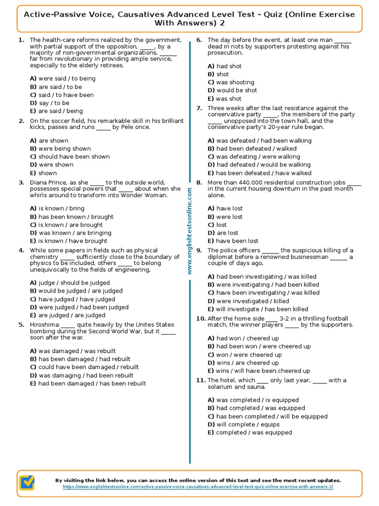 332 - Active Passive Voice Causatives Advanced Level Test Quiz Online ...