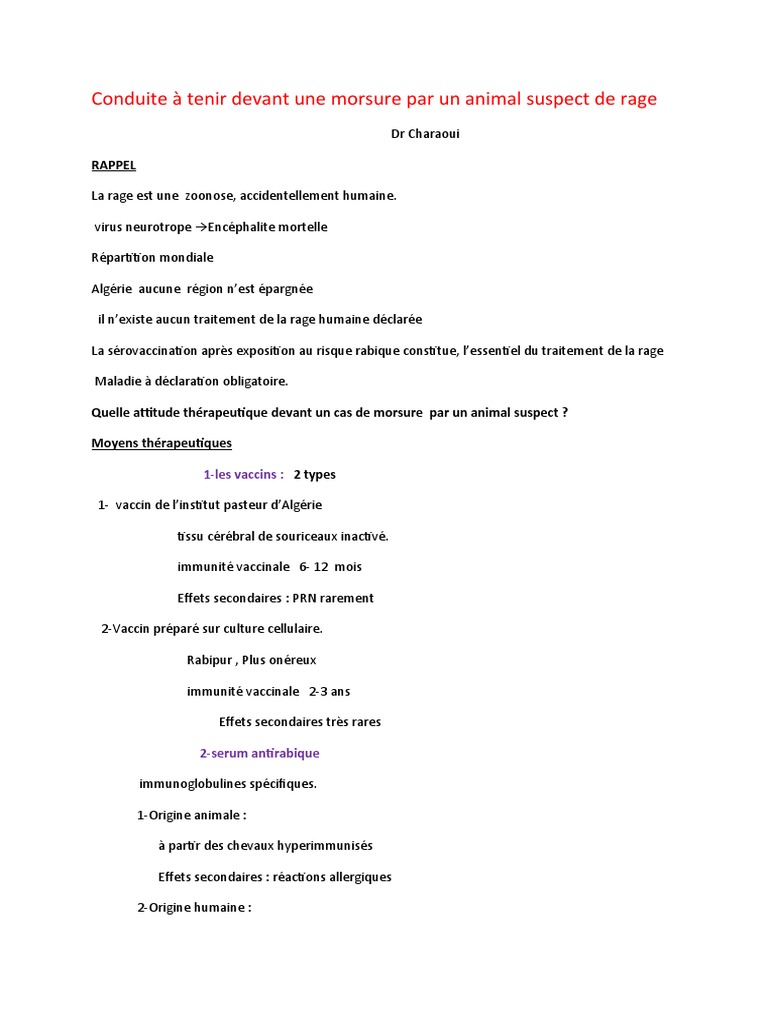 Conduite À Tenir Devant Une Morsure Par Un Animal Suspect de Rage | PDF ...