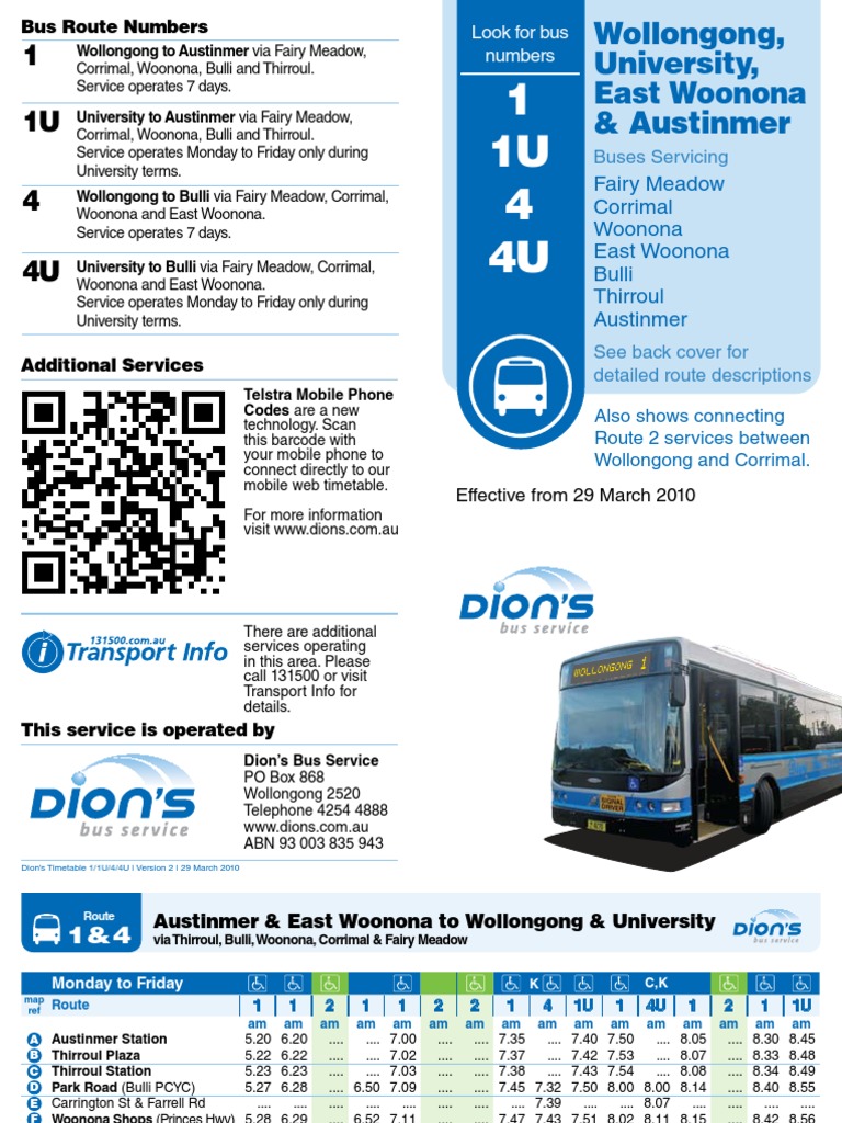 Wollongong, Austinmer Bus Routes 1, 1U, 4, 4U Timetable | PDF | Bus ...