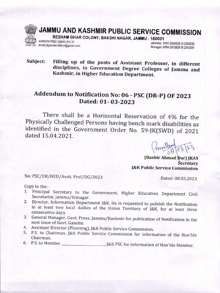 Addendum To Notification No.06PSC (DRP) of 2023 Dated 01.03.2023. 08 ...