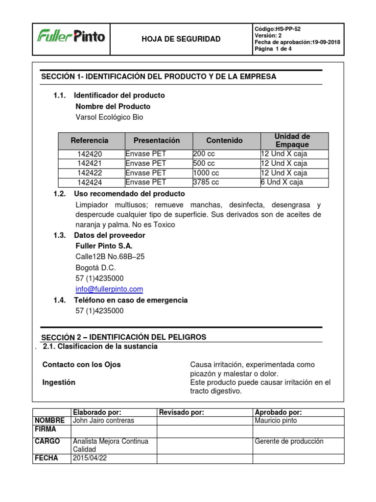 Hoja de Seguridad Varsol Ecológico 2024 | PDF | Agua | Química