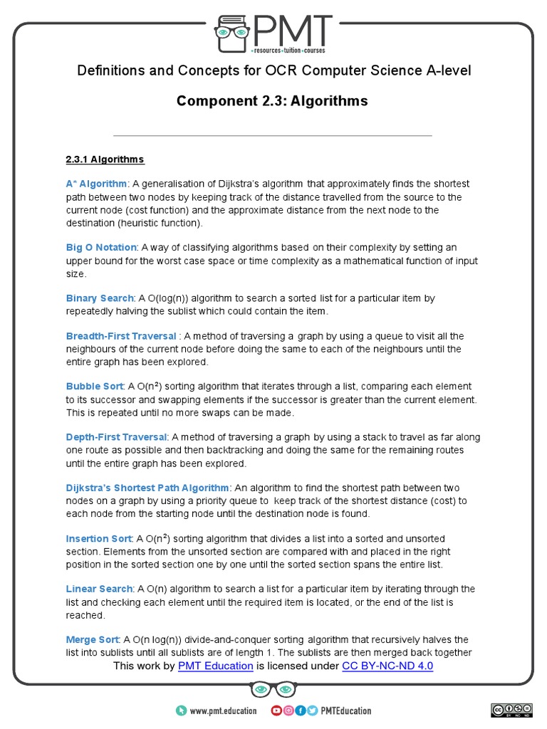 Ocr A Level Algorithms Definitions Pdf Time Complexity Combinatorics