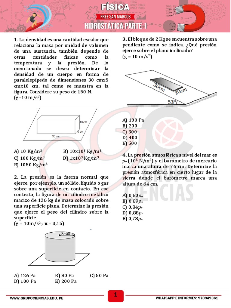 Hidrostática Parte 1 - Física | PDF | Buceo bajo el agua | Presión