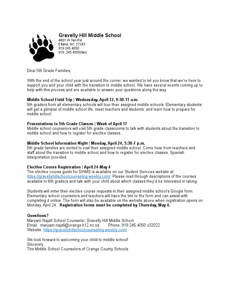 Gravelly Hill Rising 6th Grade Letter | PDF | Schools | Middle Schools