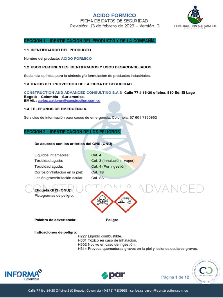 FDS Acido Formico | PDF | Agua | Toxicidad