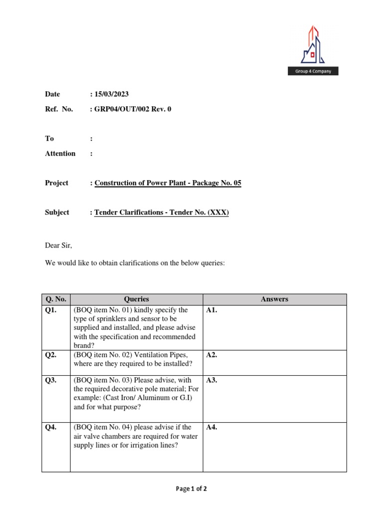Tender Clarifications | PDF | Building Engineering