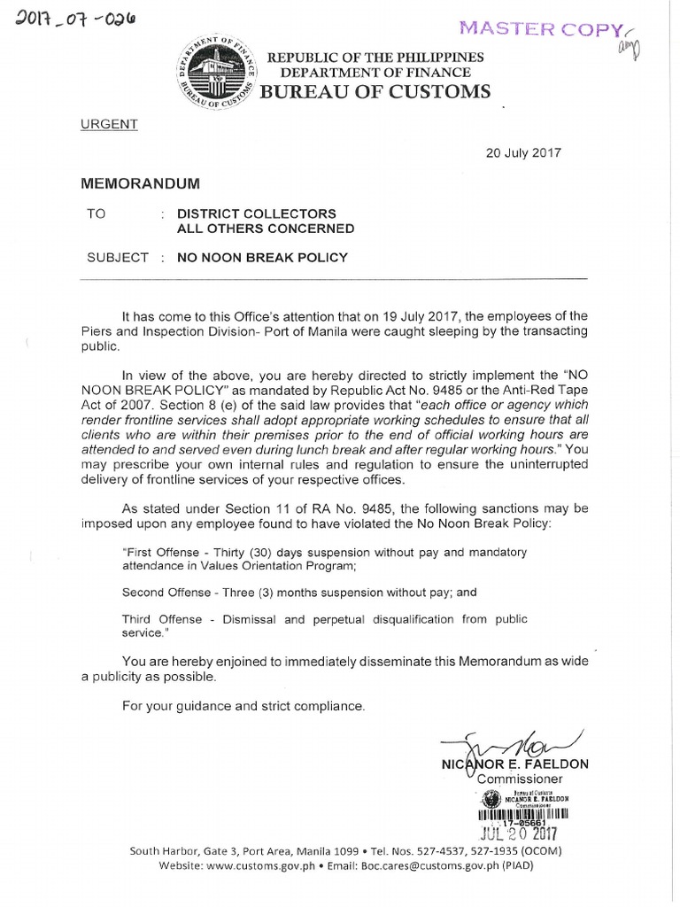 Memo - 2017 - 07 026 No Noon Break Policy | PDF
