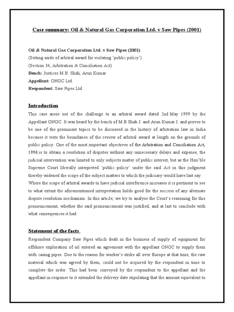 ONGC v. Saw Pipes Case Summary | PDF | Arbitration | Liquidated Damages