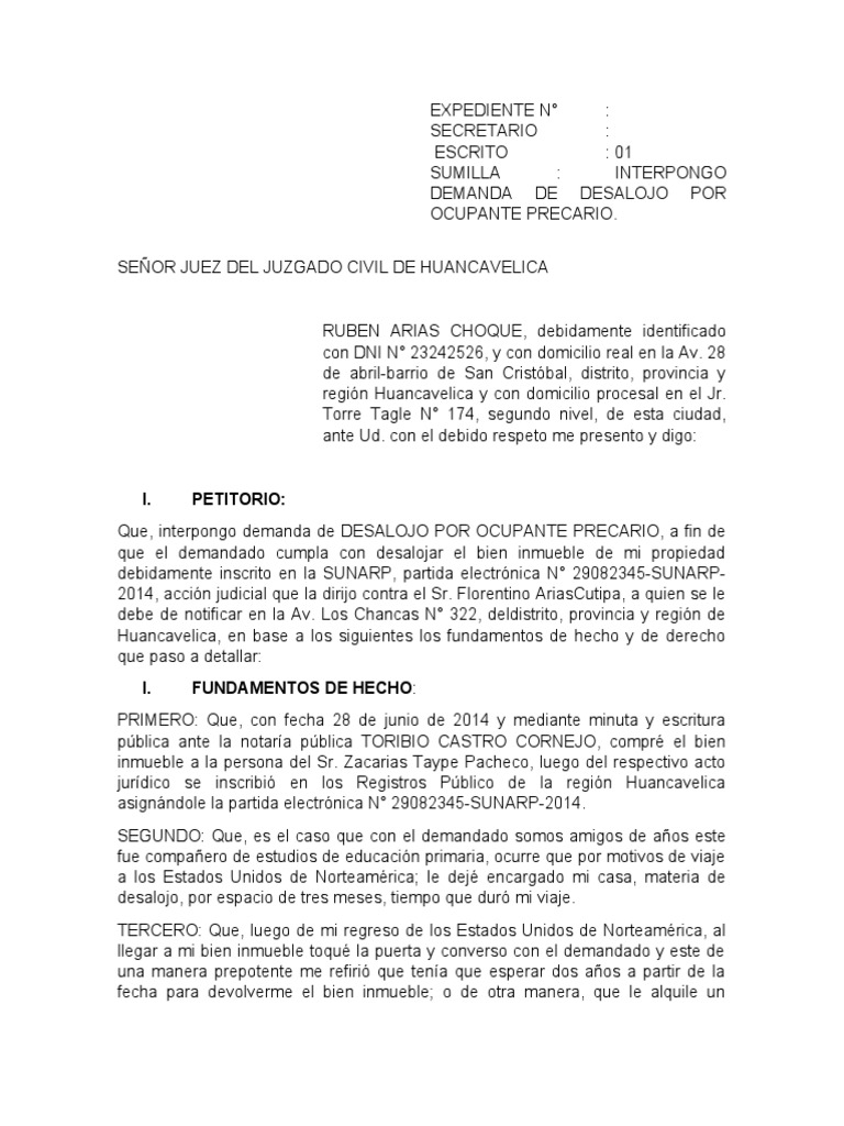 Modelo Demanda Desalojo Po Ocupante Precario | PDF | Propiedad | Daños ...
