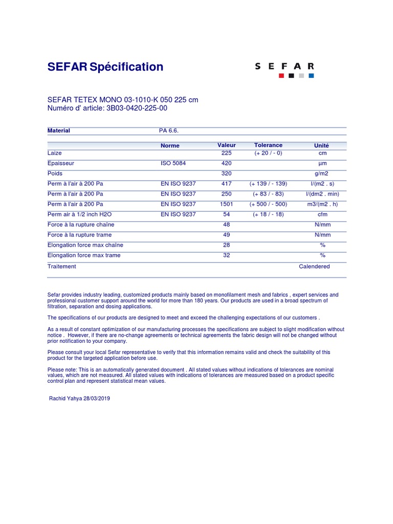 Sefar Spécification: SEFAR TETEX MONO 03-1010-K 050 225 CM Numéro D ...