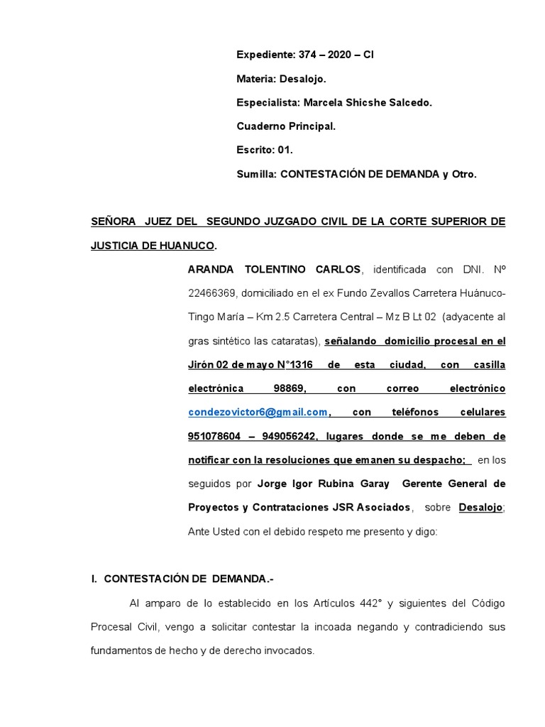 Contestacion de Demanda Oso - Ocupante Precario | PDF | Demanda ...