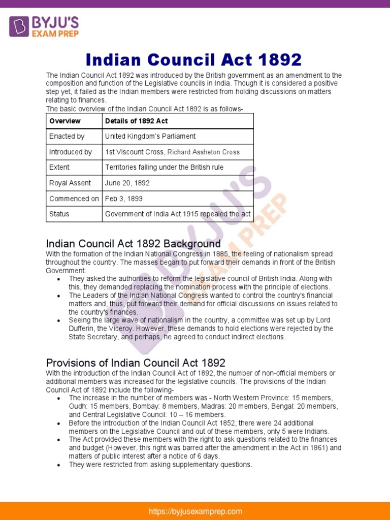 Indian Council Act 1892 Upsc Notes 12 PDF | Download Free PDF | British ...