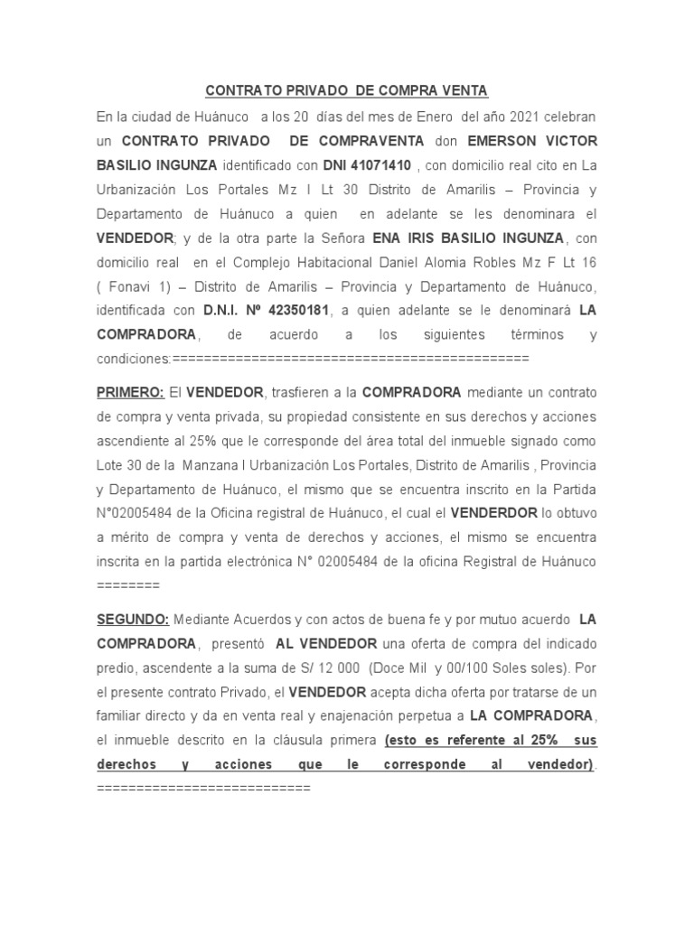 Contrato Privado de Compra Venta | PDF | Derecho civil (sistema legal) | Derecho privado