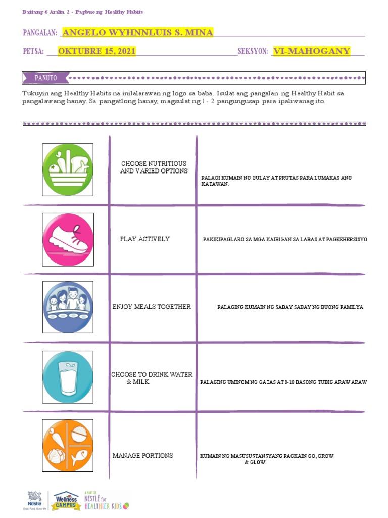 Lesson-2 - Developing-Healthy-Habits-Worksheet-1 MAPEH | PDF