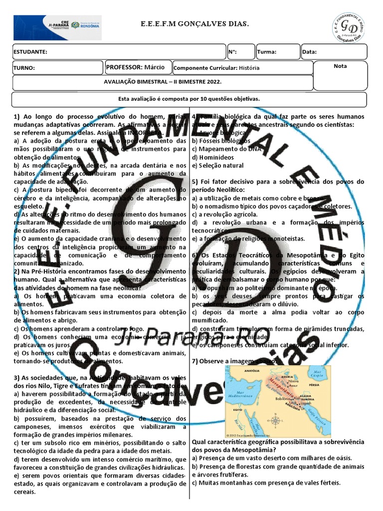 Avaliação História 1º Ano 2º Bimestre Extra Pdf Mesopotâmia