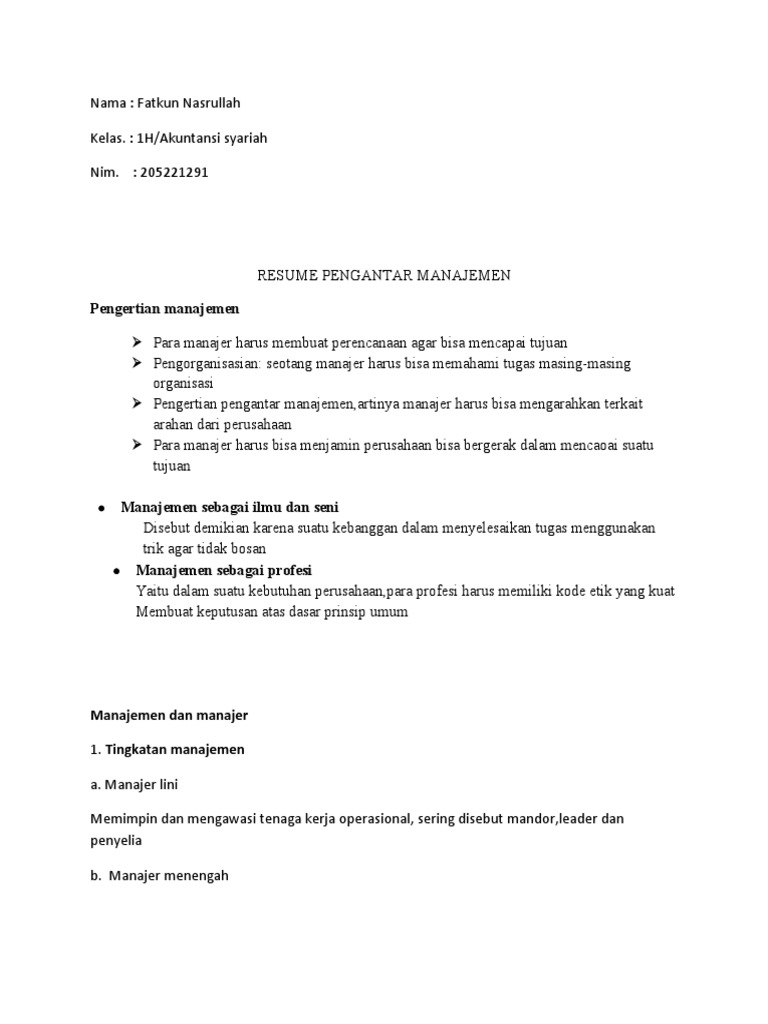 Resume Pengantar Manajemen | PDF