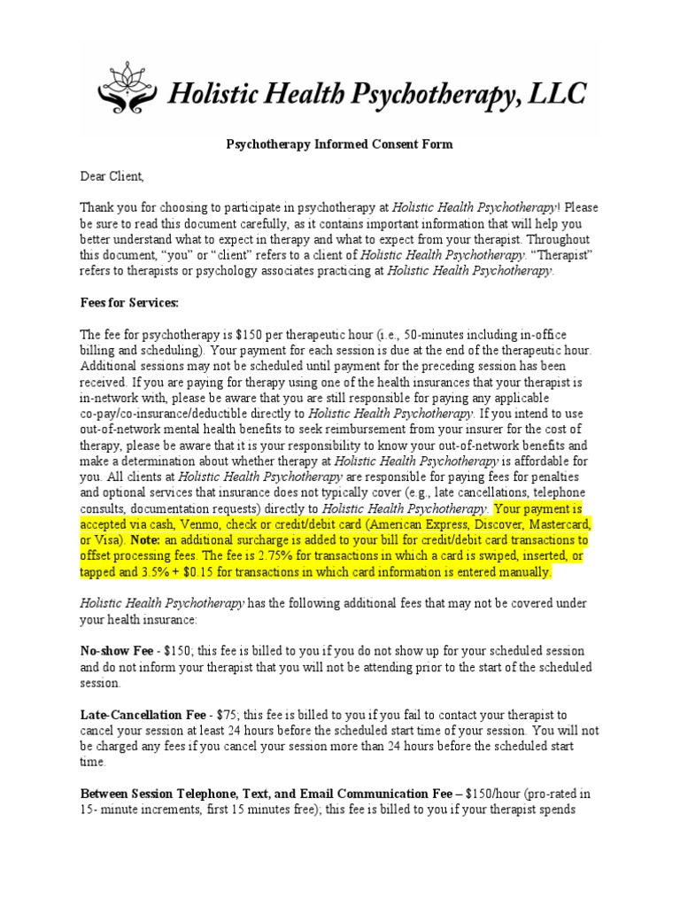 Psychotherapy Informed Consent Overview | PDF | Psychotherapy | Debit Card