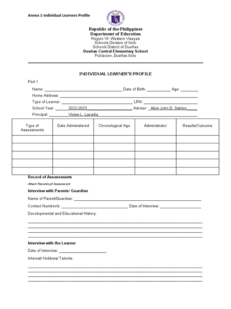 Individual Learner's Profile Template | PDF | Learning | Cognition