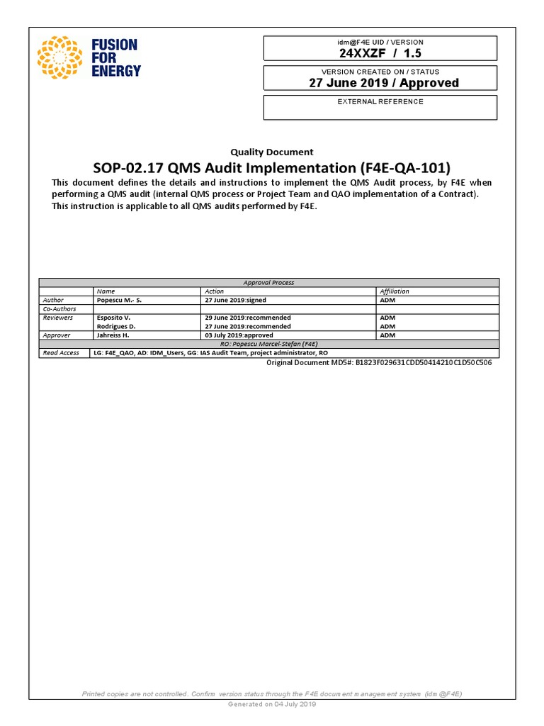 SOP-02.17 QMS Audit Implementation (F4E-QA-101) 24XXZF v1 5 | PDF | Audit | Auditor's Report