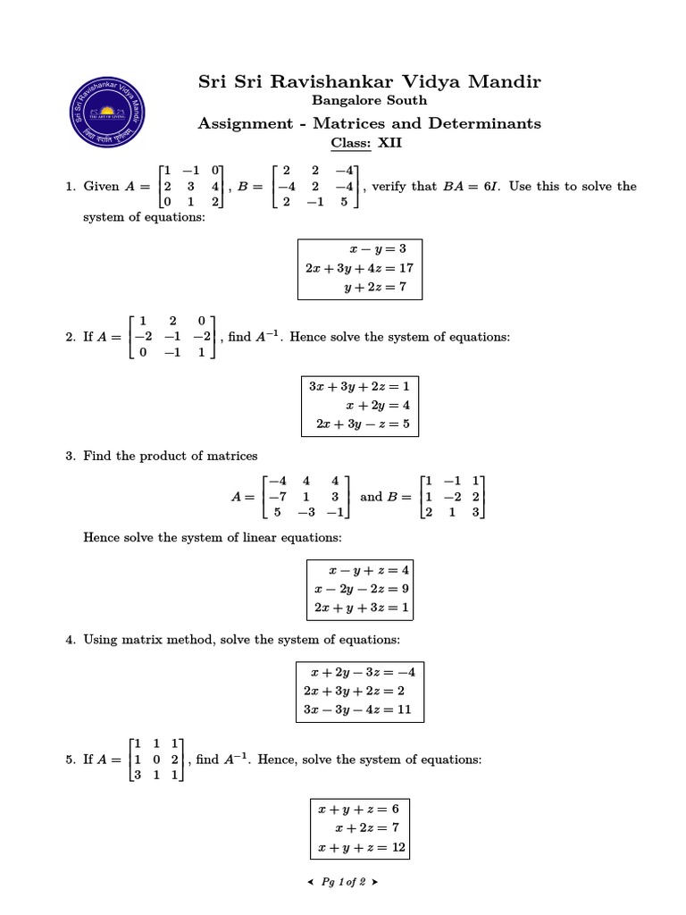Class XII: Matrices & Determinants | PDF | Matrix (Mathematics ...