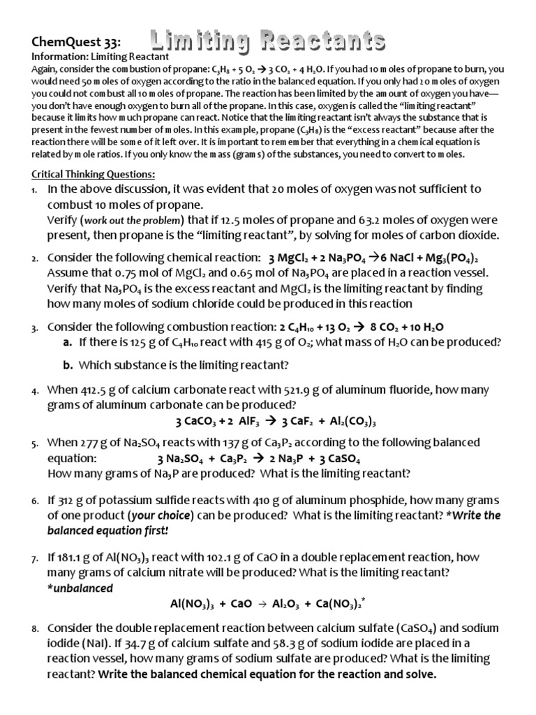 ChemQuest 33 Limiting Reactants | PDF | Mole (Unit) | Chemical Reactions