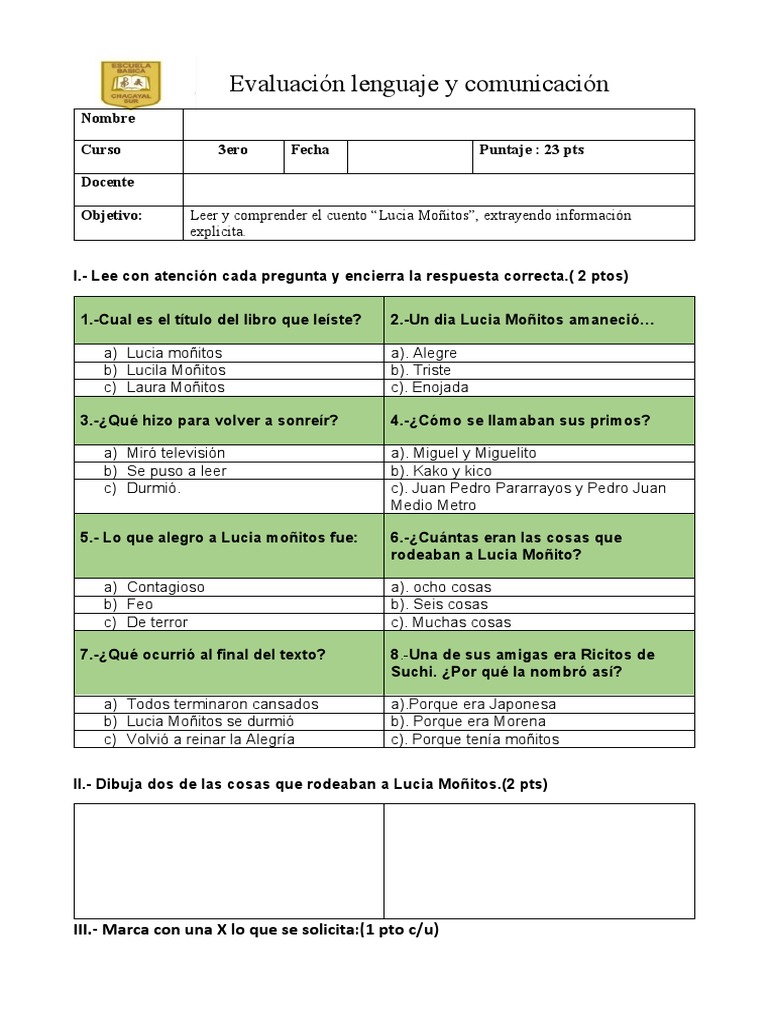 Evaluación Lenguaje y Comunicación Lucia Moñitos | PDF