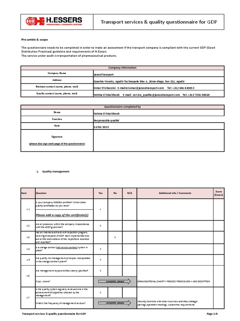 GDP Compliance Questionnaire for Transport | PDF | Insurance ...