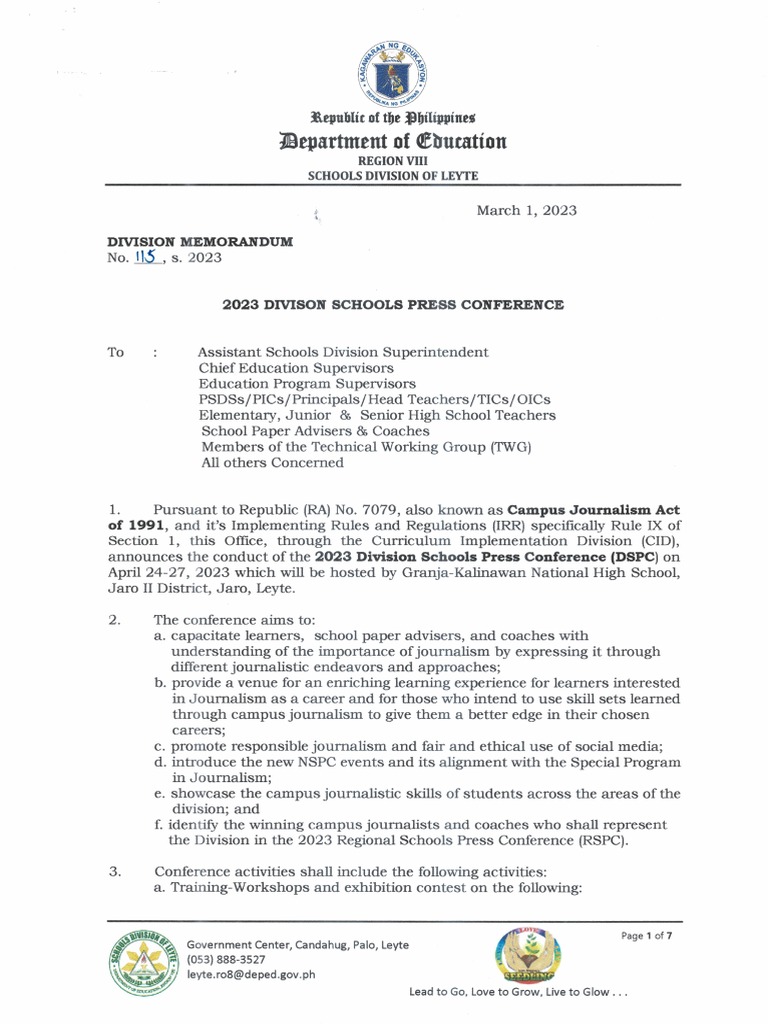 DM No. 115, S. 2023 - 2023 Division Schools Press Conference | PDF