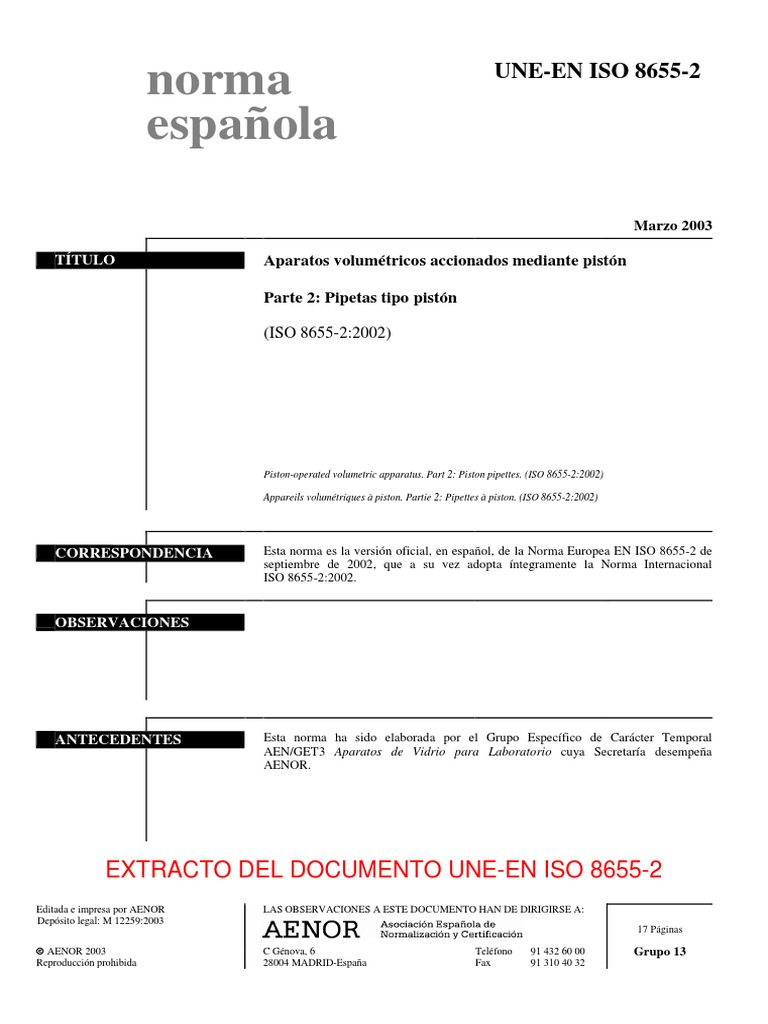 Norma ISO 8655-2: Pipetas tipo pistón | PDF | Tecnología