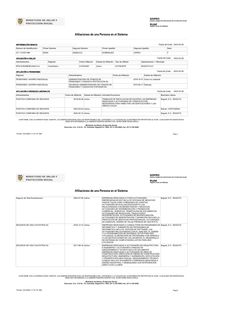 Las Afiliaciones de Edna Dominguez Urréa en el Sistema de Seguridad Social Colombiano | PDF ...