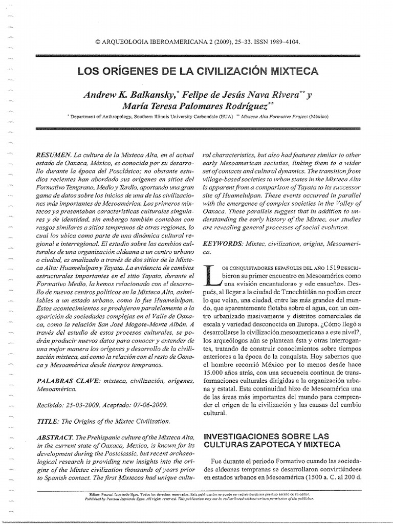 BALKANSKY RIVERA RODRIGUEZ - Los origenes de la civilizacion mixteca | PDF