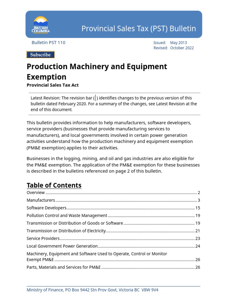 PST Exemption for Production Equipment | PDF | Goods | Hydrocarbon ...