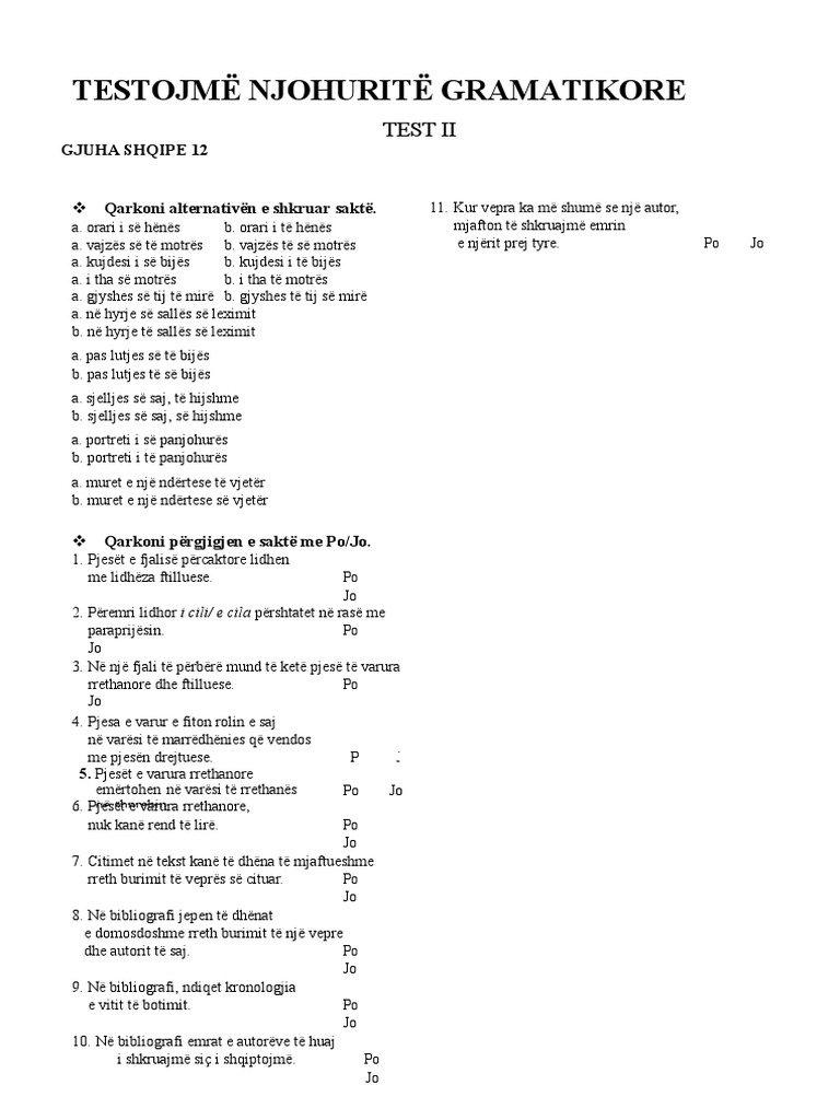 Gjuha Shqipe 12 - Test 2 | PDF