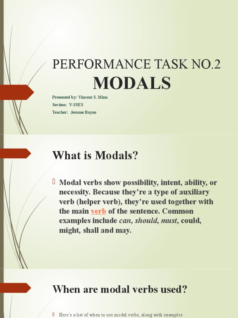 Performance Task No 2 - Modals | Download Free PDF | Verb | Linguistics