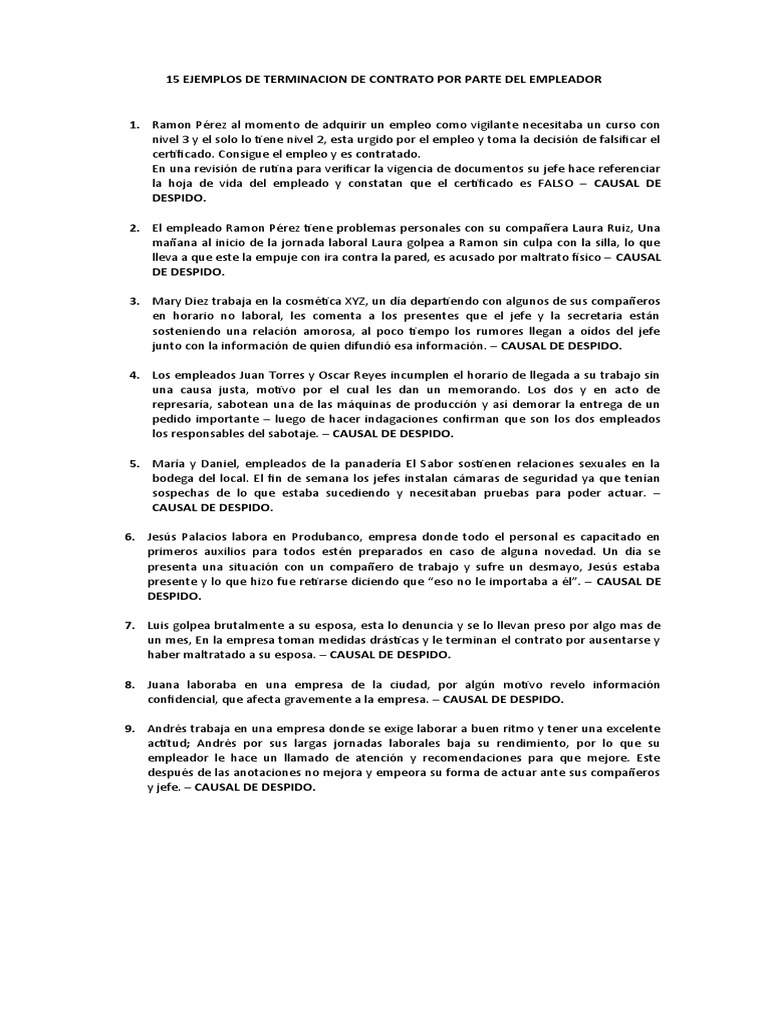 15 Ejemplos de Terminacion de Contrato Por Parte Del Empleador | PDF
