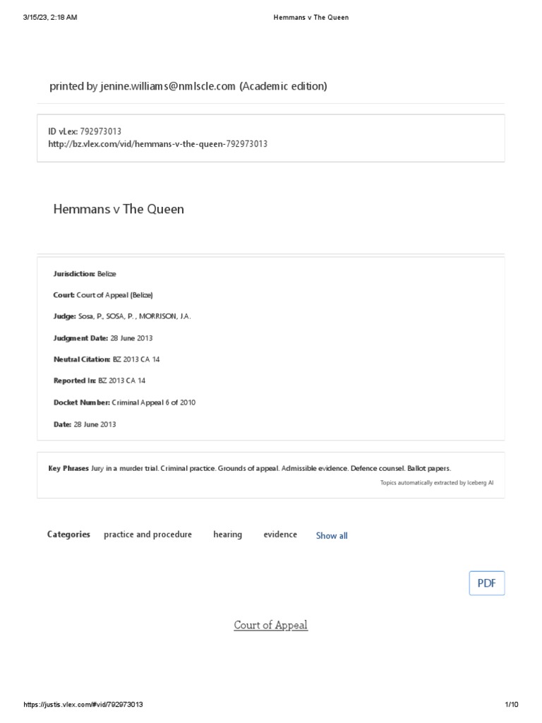 Hemmans v The Queen: Appeal Dismissed | PDF | Witness | Evidence (Law)