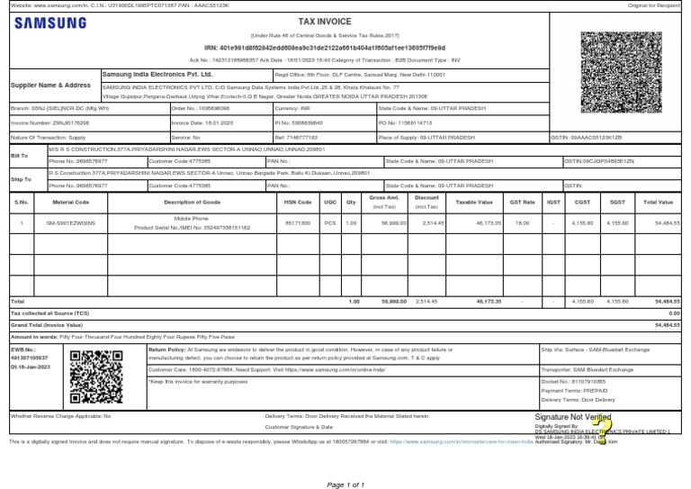 Samsung Invoice 11569114713-7146777193-Z9NJI0176296 | PDF | Invoice ...