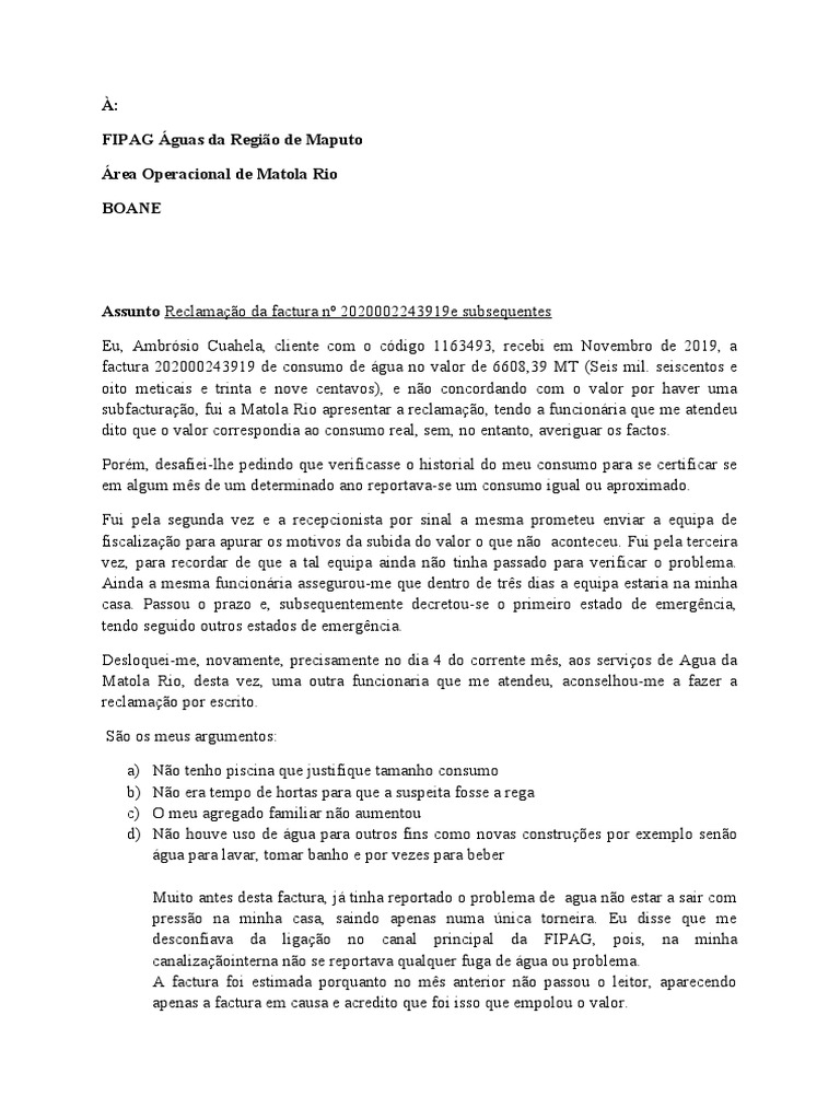 Reclamação de Fatura de Água FIPAG | PDF