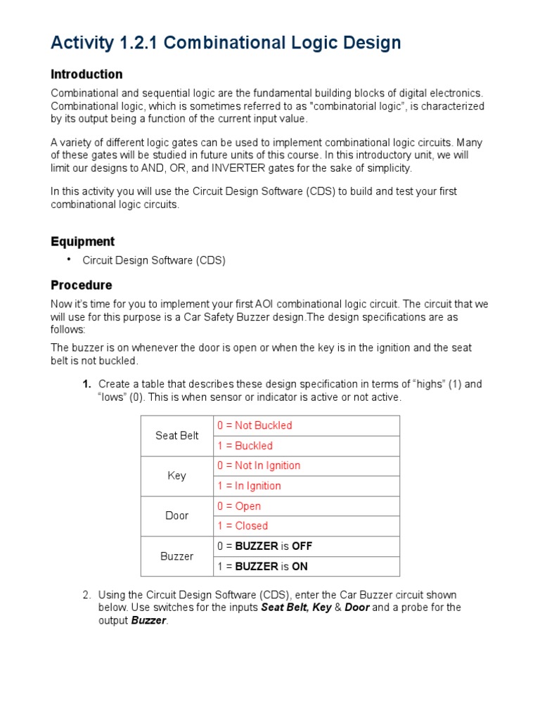 Activity 1.2.1 Combinational Logic Design AK | PDF | Logic Gate | Electronic Circuits
