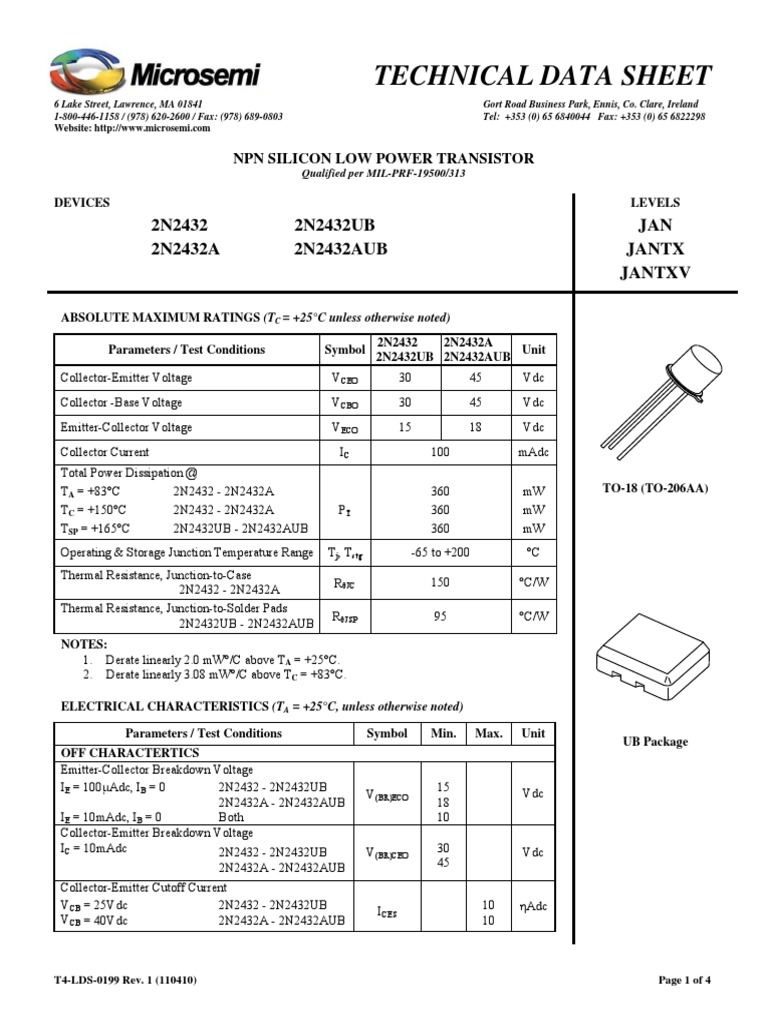 2n2432aub PDF | PDF | Bipolar Junction Transistor | Electrical Engineering