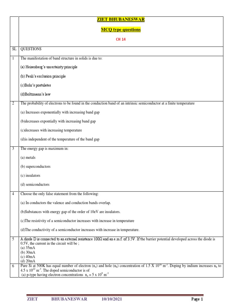 Physics XII CH 14 MCQ Semiconductor Electronics | PDF